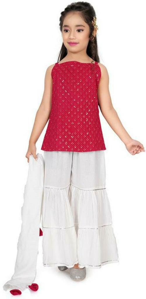 Buy AKRAM GARMENT Girls Rose Red, White Embellished Cotton Lycra Blend ...