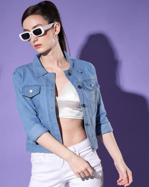 Buy BuyNewTrend Light Blue Solid Women Denim Jacket Online at Best ...