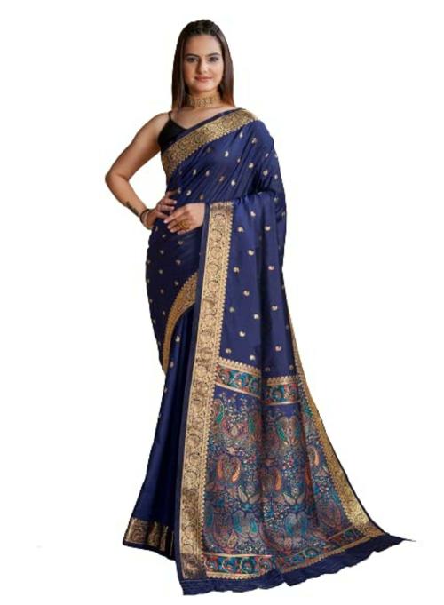 Buy Leeli Peeri Designer Women Navy Blue Silk Banarasi Saree With Running Blouse (Free Size ...