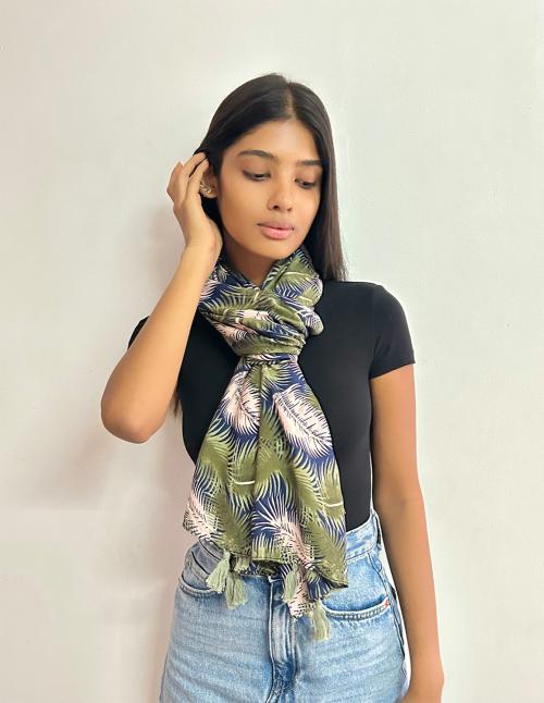 Buy Ayesha Tropical Navy Blue & White Floral Printed Modal Tassel Scarf ...