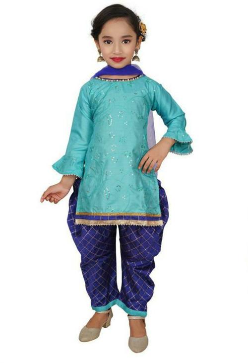 Buy AKRAM GARMENT Girls Teal,Navy Embellished Poly Crepe Kurta And Patiala Set (8-9 Y) Online at ...