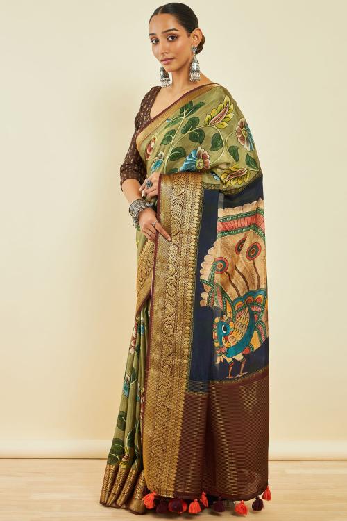 Buy Olive Crepe Saree With Floral Kalamkari Print And Zari Borders Online at Best Prices in ...