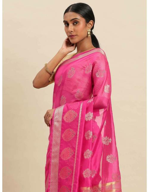 Buy Indian Women Women Organza Silk Top Dyed Silk Rani Color Saree ...