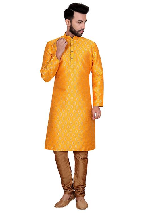 Buy HEORA Mens Yellow Silk Blend Kurta Pyjama Set for Ethnic and ...