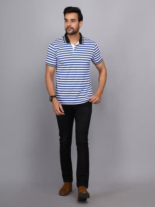 Buy JAGURO Men Striped Polo Neck Cotton Blend T-Shirt Online at Best ...