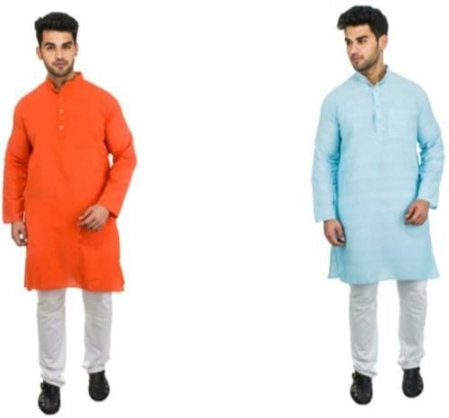 Buy DESHBANDHU KHADI Men Sky Blue, Orange Solid Khadi Cotton Pack Of 2 ...