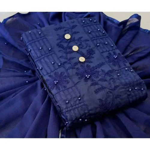 Buy GURHAL Embroidered Cotton Unstitched Dress Material Navy Blue ...