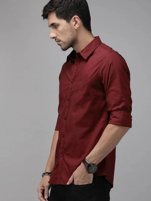 Buy Ikg Denim Men Maroon Solid Pure Cotton Slim Fit Collar Casual Shirt ...