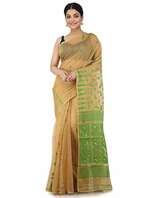 Buy PinkLoom Women Beige Handloom Pure Cotton Jamdani Saree Without Blouse Piece Online at Best ...