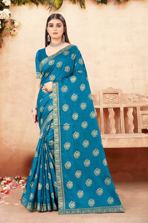 Buy Prajval Women Petrol Blue Embroidered Art Silk Bollywood Saree ...