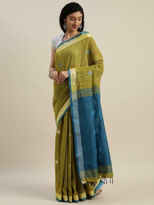 Buy VASTRANAND Women Olive Linen Blend Woven Design Saree Online at ...