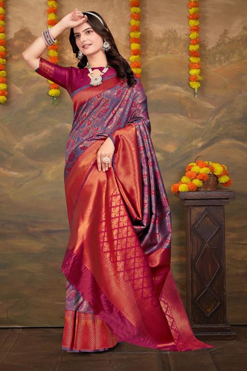 Buy Om Shantam Sarees Wine Morpich Woven Design Kanjivaram Banarasi ...
