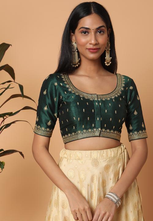 Buy Salwar Studio Women's Bottle Green Silk Blend Readymade Saree Blouse Online at Best Prices ...