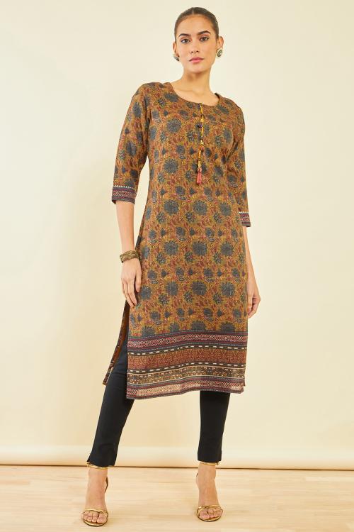 Buy Soch Mustard Polyester Kurta With Kalamkari Print And Tassels ...