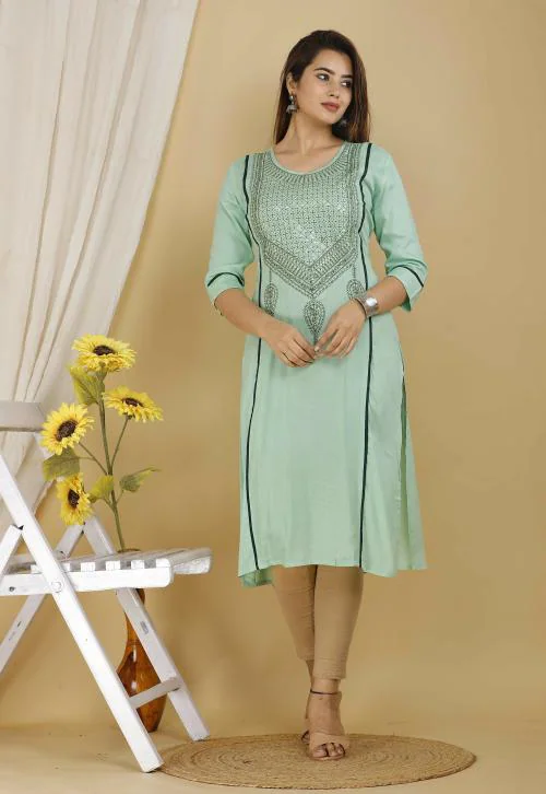Buy Mehsoos Women Light Green Embroidered Viscose Rayon Straight Kurta ...