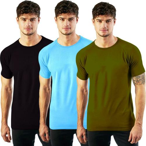 Buy MADFROG Men Black, Olive, Sky Blue Solid Cotton Blend Pack of 3 Round Neck Tshirt (S) Online ...