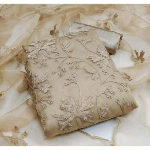 Buy GURHAL Embroidered Organza Unstitched Dress Material Beige Online ...