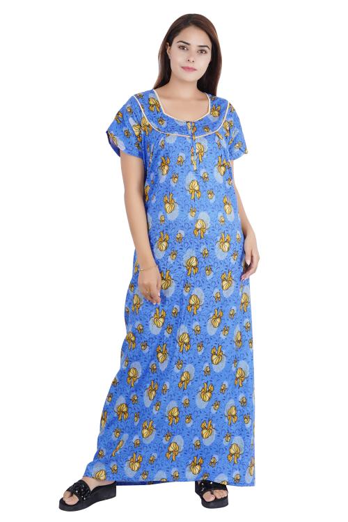 Buy NACNO Women's Printed Pure Cotton Nighty/Maxi/Nightgown Blue Online ...