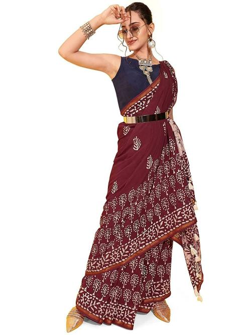 Buy Dungrani Wine Batik Cotton Women Saree With Blouse Pic Online at ...