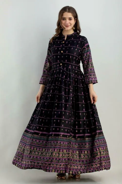 Buy AAYSA Women Black Printed Viscose Blend Flared Kurta (XL) Online at ...