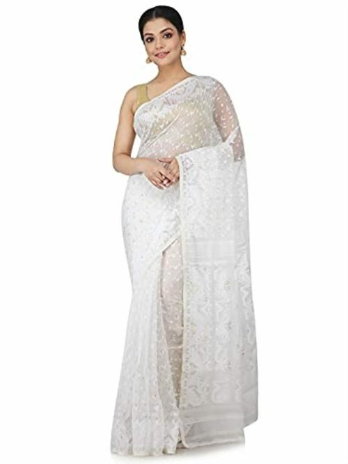 Buy PinkLoom Women White Woven Pure Cotton Jamdani Saree without Blouse Piece Online at Best ...
