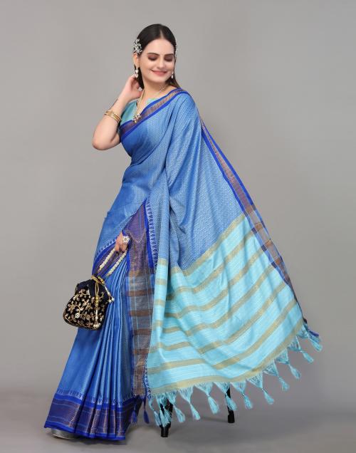 Buy Siril Cotton Silk Blue Color Silk Cotton Blend Saree with Blouse ...