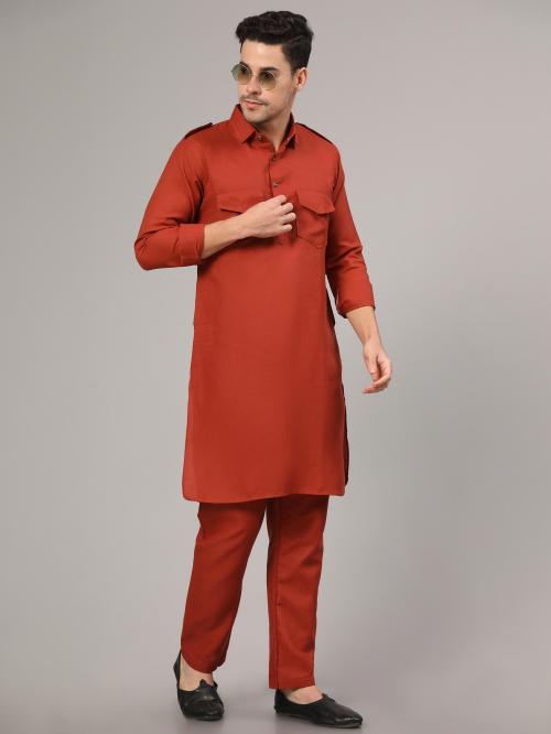 Buy IrisTheStudio Men Orange Cotton Blend Solid Pathani And Pant Set (M ...