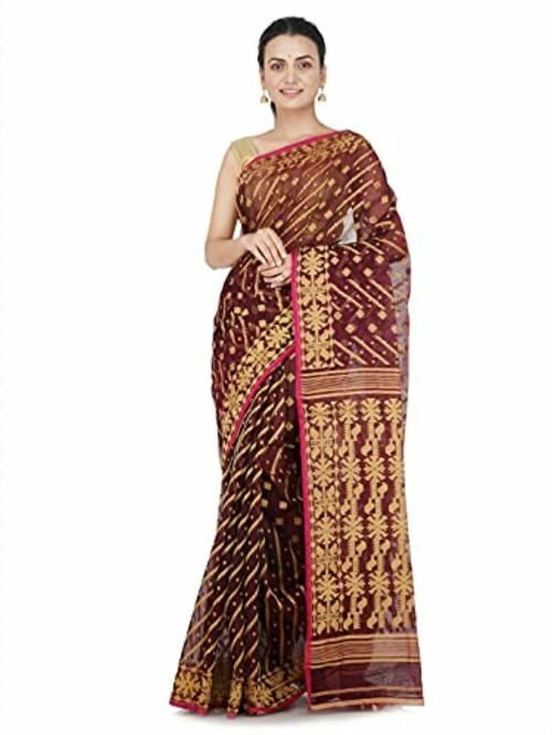 Buy PinkLoom Women Maroon Handloom Pure Cotton Jamdani Saree Without Blouse Piece Online at Best ...