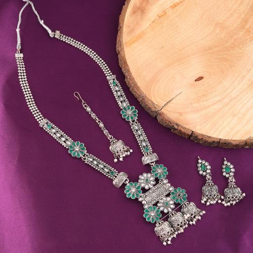 Buy Mansiyaorange German Silver Oxidised Green Color Kempu Stone Long ...