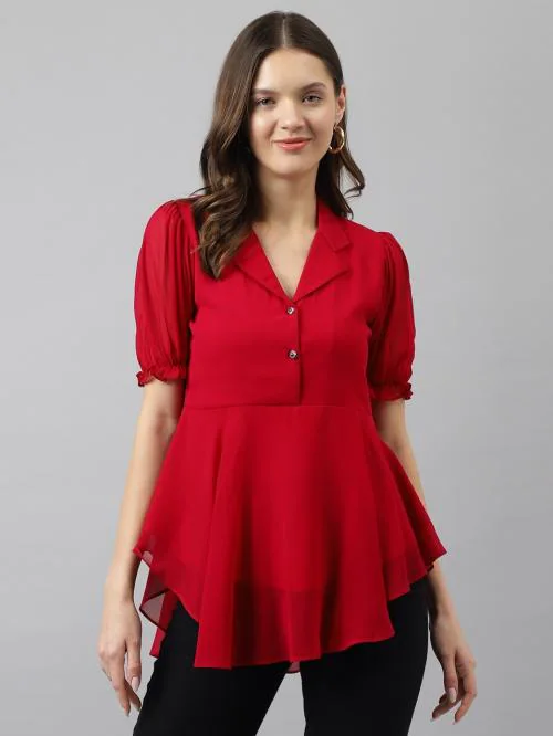 Buy KERI PERRY Women's Red Georgette Solid High Low Western Top Online ...