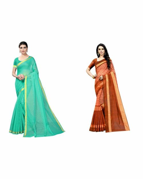 Buy Vkaran Women's Rama & Fenta Colour Cotton Silk Saree With Blouse ...