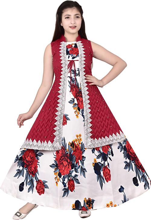 Buy OBAID FASHION Girls Maroon Self Design Cotton Blend Full Length ...
