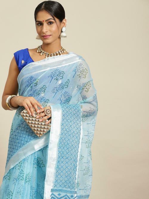 Buy Chhabra 555 Pastel Blue Printed Floral Summerish Kota Cotton Saree ...
