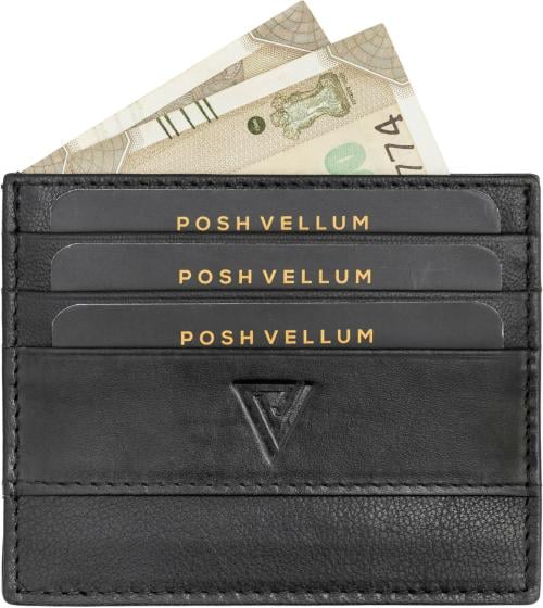 Buy POSH VELLUM Men & Women Black Genuine Leather Card Holder (6 Card ...