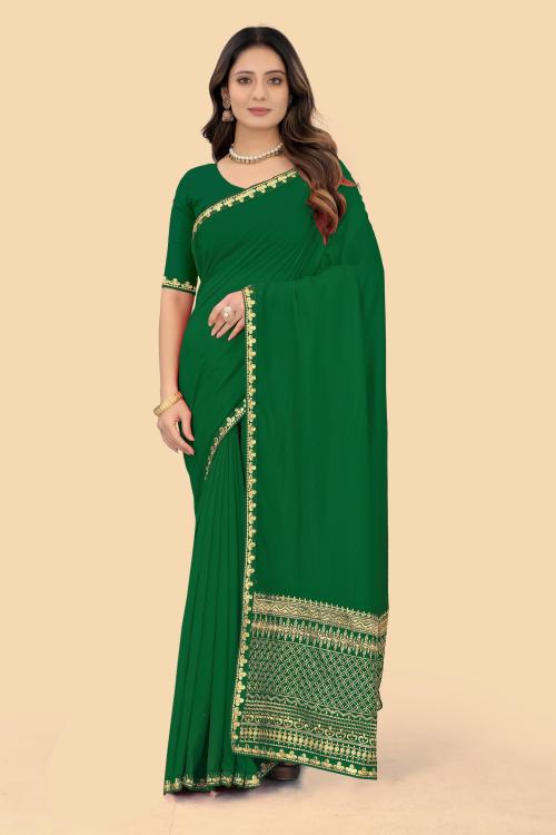Buy AKSHARAM Women Dark Green Embellished Georgette Bollywood Saree ...