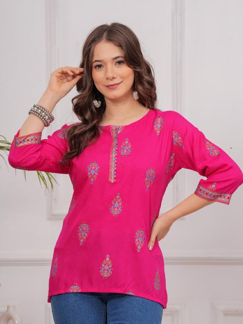 Buy SAICHA Women gold print pink short kurti Online at Best Prices in ...