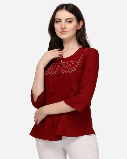 Buy 14 Fab Women Rayon Fabric Embroidered Red Color top For women ...