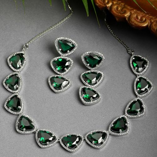 Buy ZENEME Rhodium Plated Silver Toned Triangular Shaped Green American ...