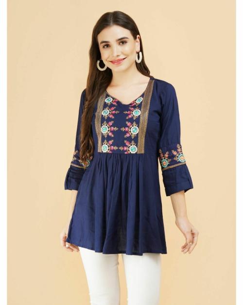 Buy Maharathi Women Dark Blue Embroidered Pure Cotton Top - S Online at ...
