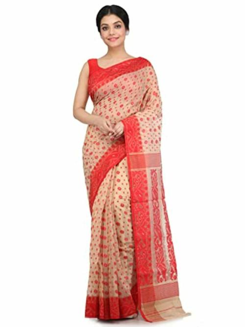 Buy PinkLoom Women Beige Woven Pure Cotton Jamdani Saree without Blouse Piece Online at Best ...