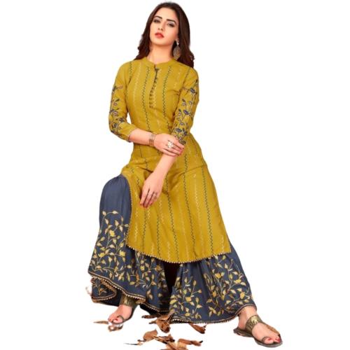 Buy MEEPAL Women's Fashion Lable Mustered Printed Kurta With Sharara ...
