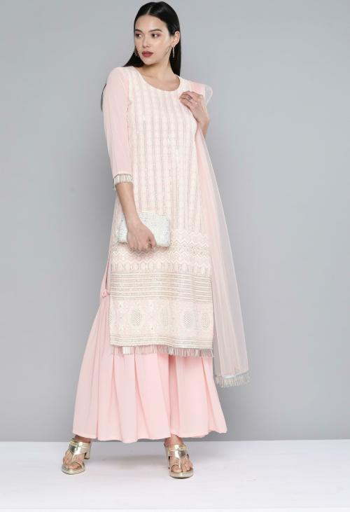 Buy KVS Fab Women Pink Embroidered Georgette Kurta Set Online at Best ...