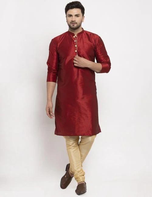 Buy Benstoke Men's Maroon Solid Kurta with Gold Churidaar Pyjama Online ...