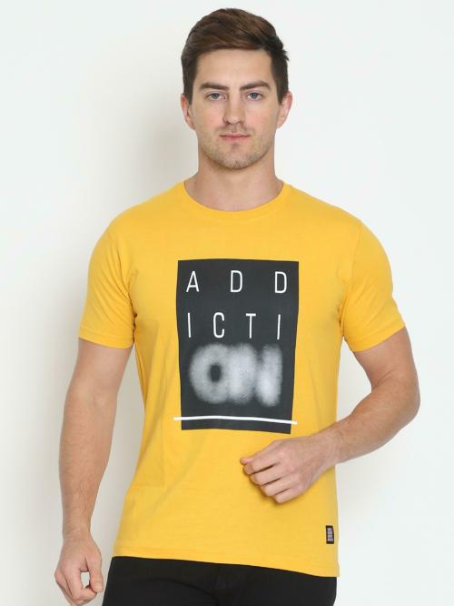 Buy LE3 TON Men Yellow Printed Pure Cotton Round Neck T-shirt (M ...