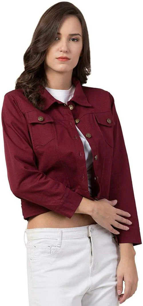 Buy HRIKSHIKA FASHION Women Maroon Solid Denim Jacket Online at Best ...