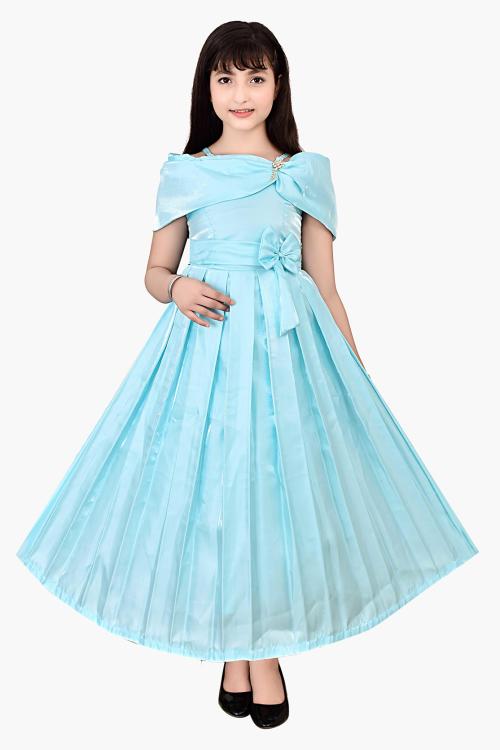 Buy Roshni Garments Girls LIGHT BLUE Self Design Silk Blend Gown Dress ...