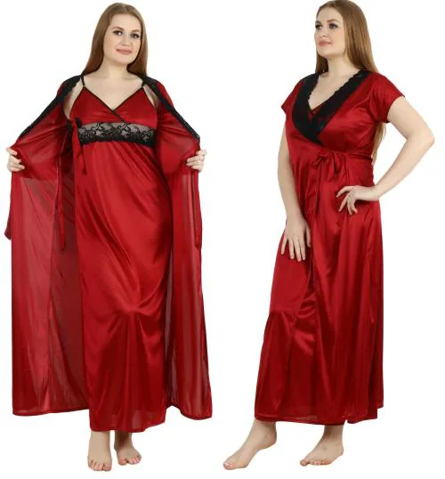 Buy LOOK PLUS Women's Satin Plain/Solid Maroon Nightwear & Nighties Set ...