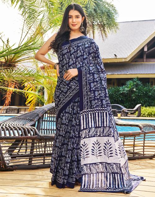 Buy SATRANI Cotton Blue Color Saree with Blouse piece Online at Best ...