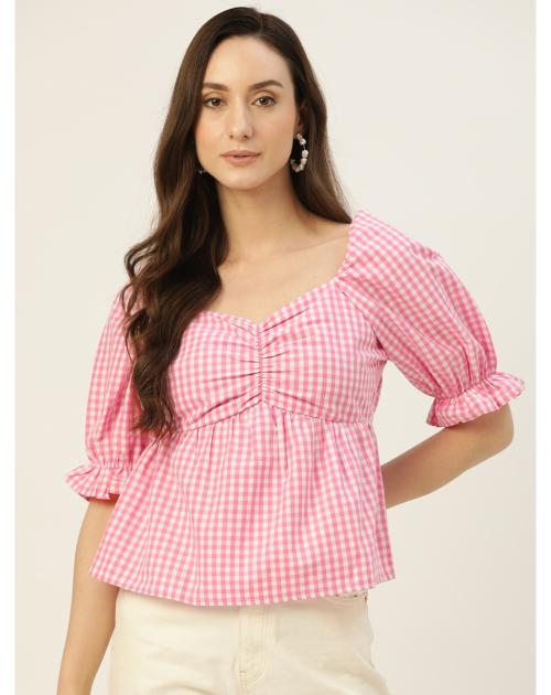Buy Rue Collection Women's Pink & White Checked Blouson Top Online at ...