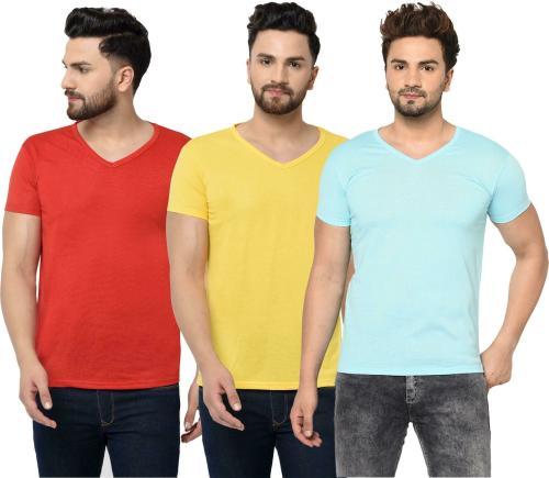 Buy Bribzy Men Red, Yellow and Sky Blue Solid Cotton Blend V Neck T ...